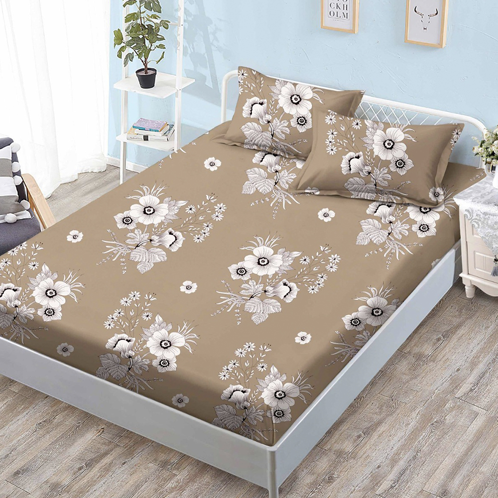 Cearceaf din Finet cu Elastic - 180x200 + 2 Fete Perna, Crem Flori Albe ...
